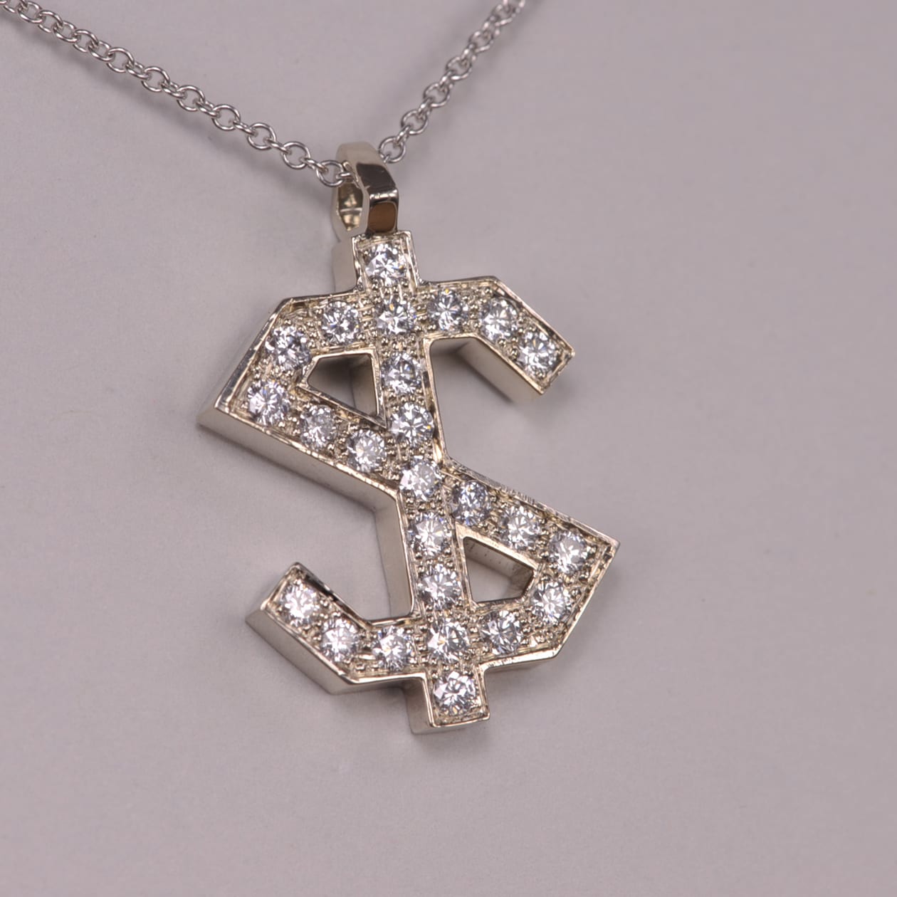 Solid gold diamond dollar sign $ pendant, with chain, new - Cajuel