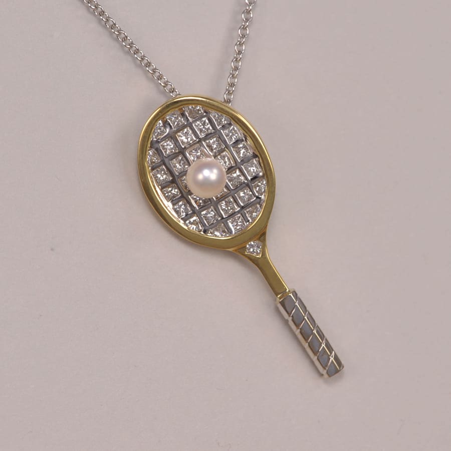 Gold an diamond tennis racket raquet pendant with pearl - Cajuel
